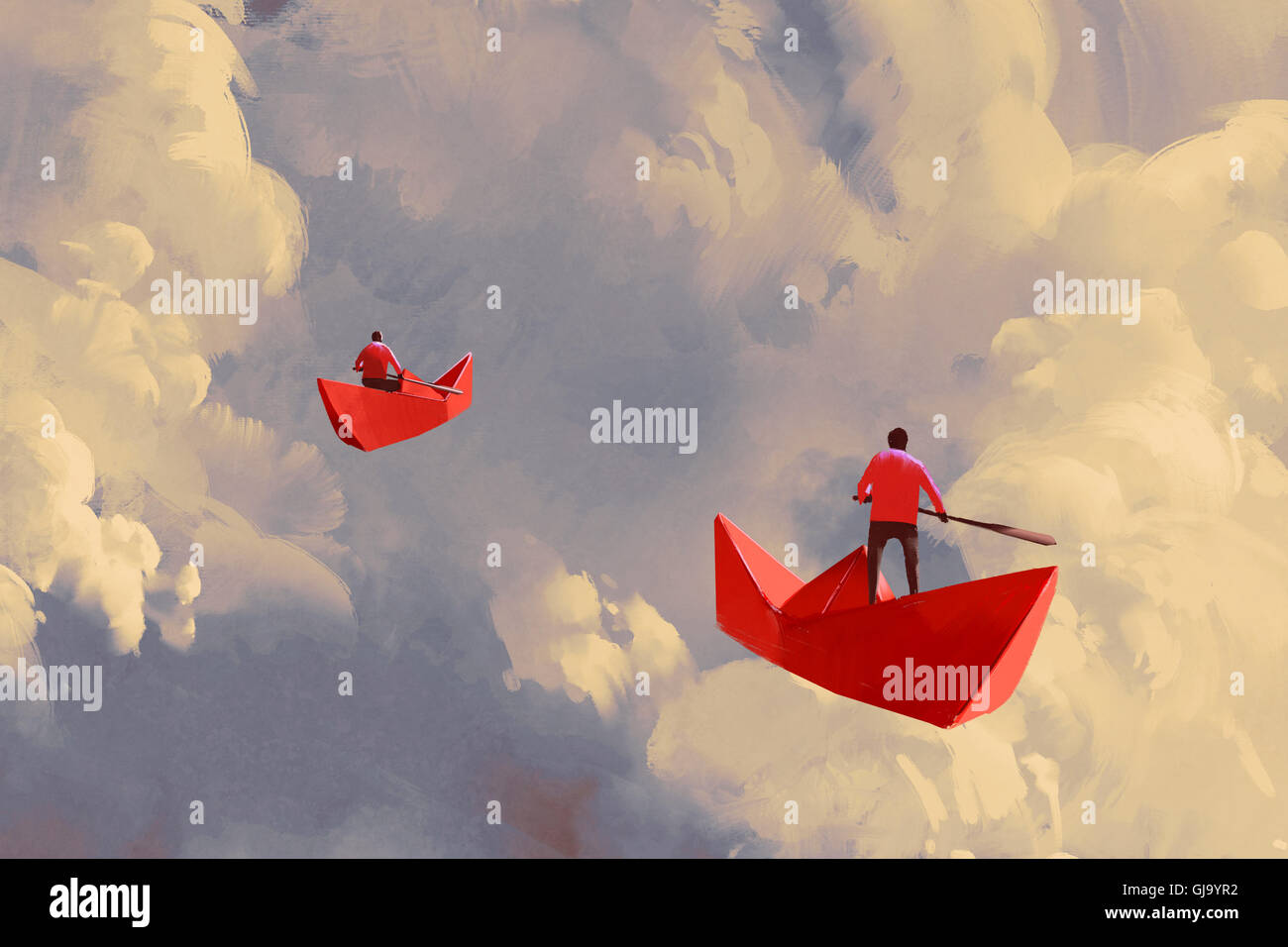 men on origami red paper boats floating in the cloudy sky,illustration ...