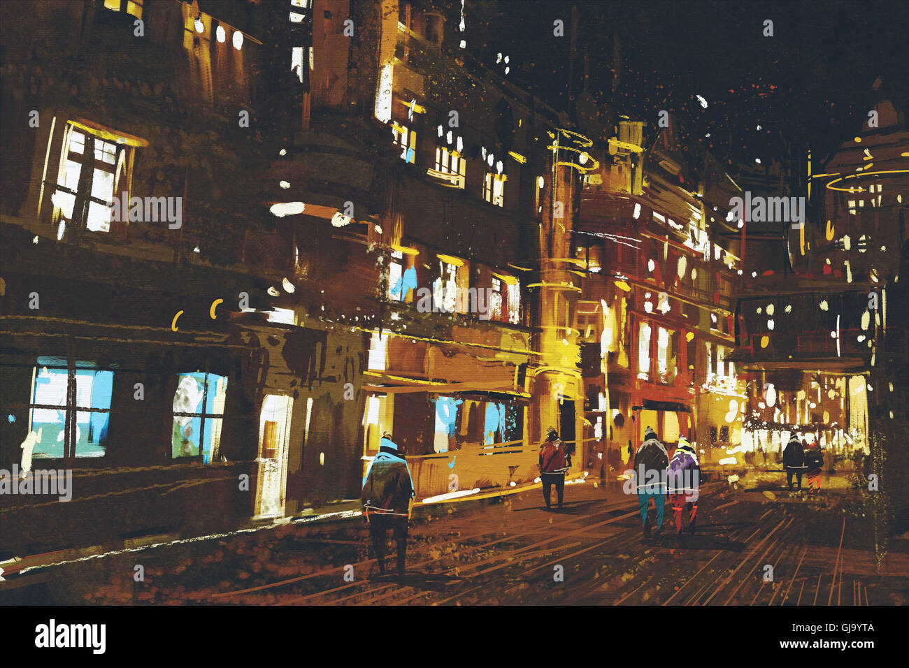 painting of night street,urban cityscape with colorful light ...