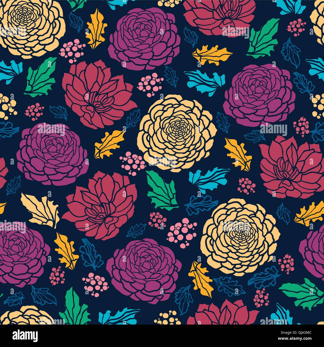 Colorful vibrant flowers on dark seamless pattern background Stock ...