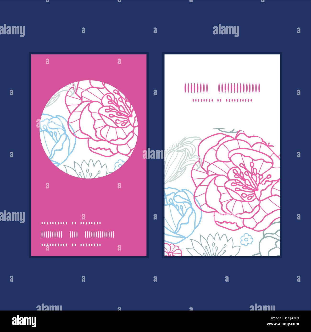 Vector gray and pink lineart florals vertical round frame pattern ...