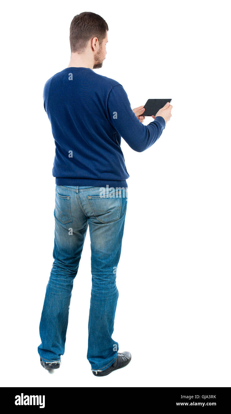 back view of business man uses mobile phone Stock Photo - Alamy