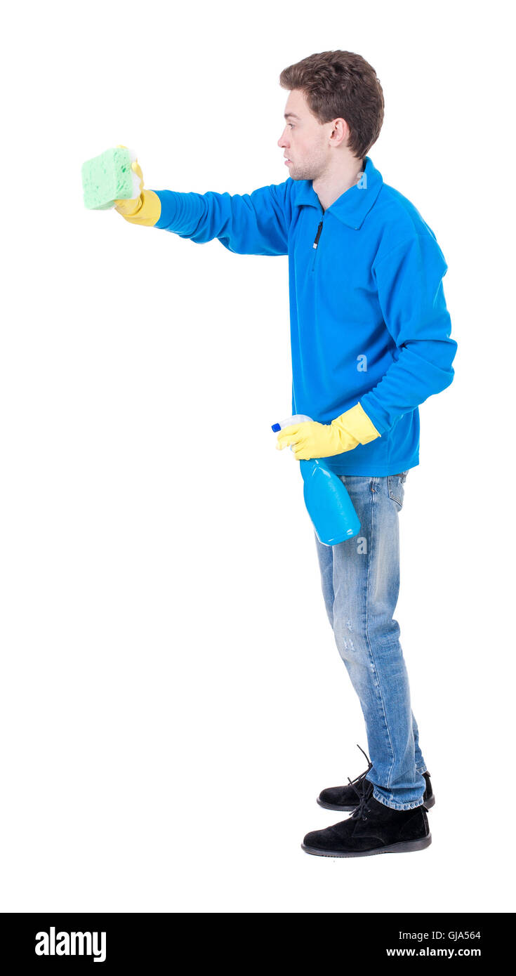 side view of a cleaner man in gloves with sponge and detergent Stock ...