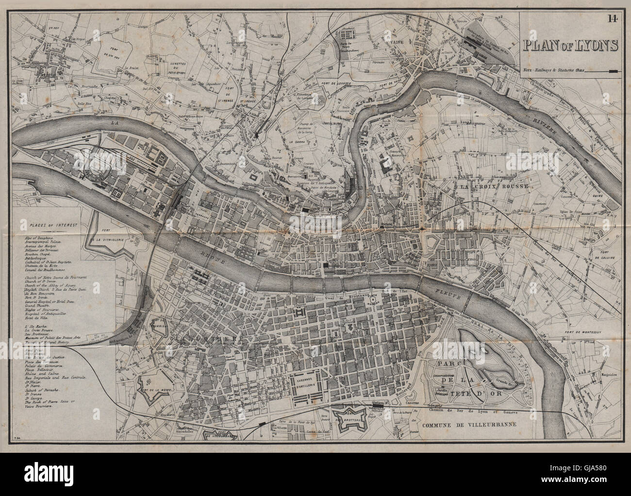 LYONS LYON. Antique town plan. City map. France. BRADSHAW, 1895 Stock ...