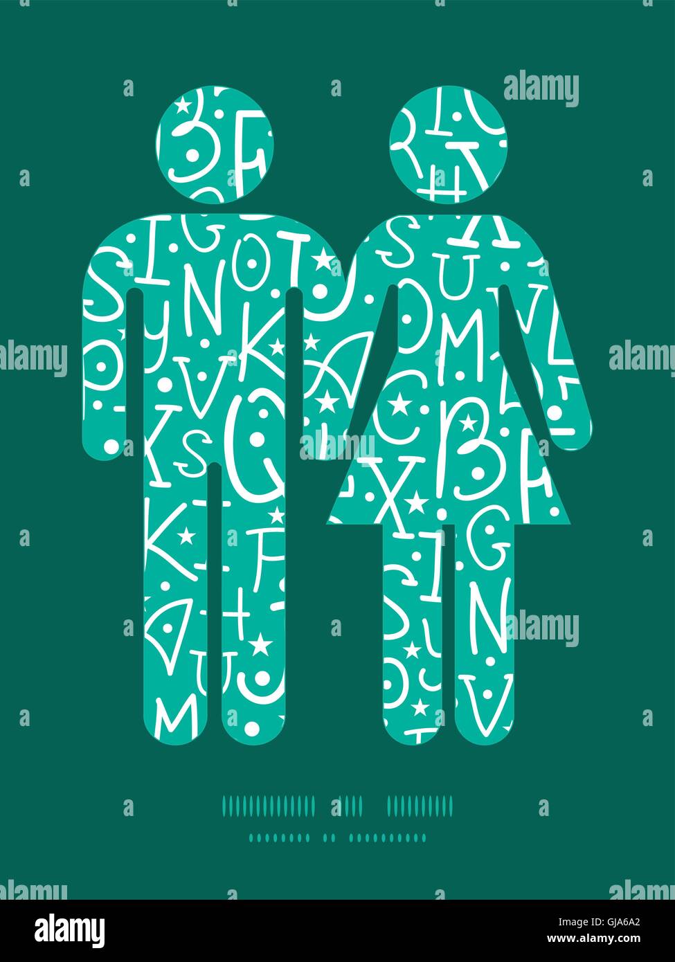 Vector white on green alphabet letters couple in love silhouettes frame ...