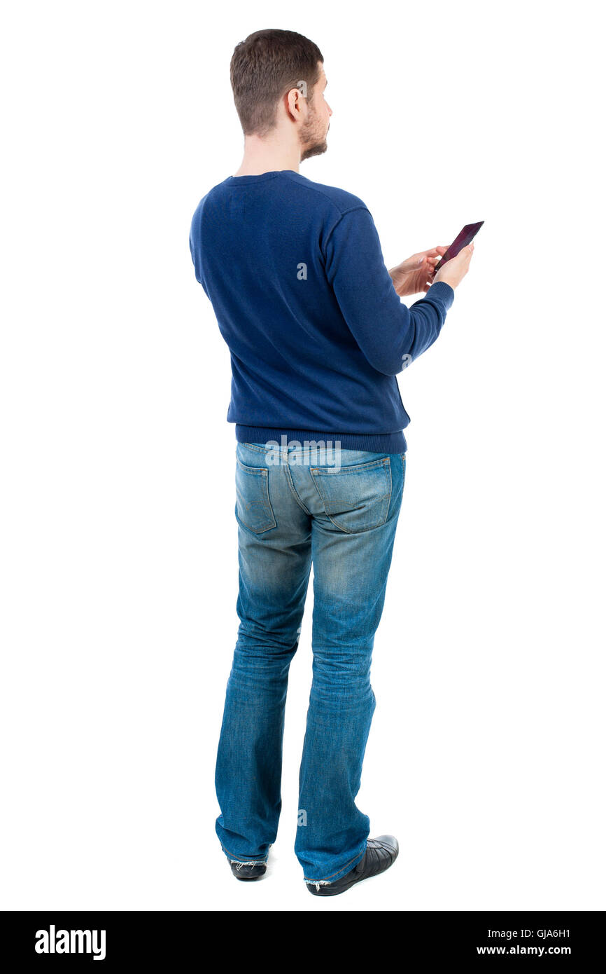 back view of business man uses mobile phone Stock Photo - Alamy