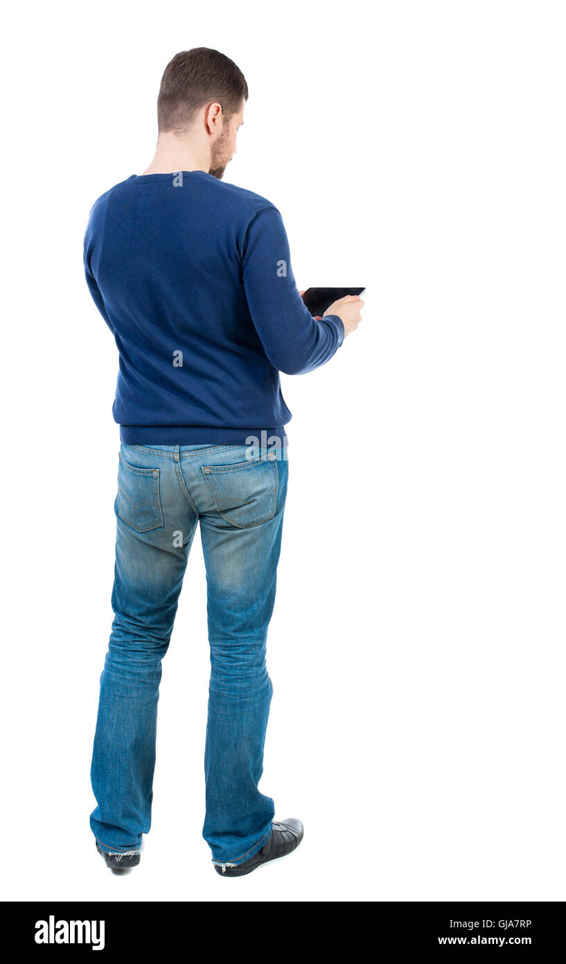 back view of business man uses mobile phone Stock Photo - Alamy