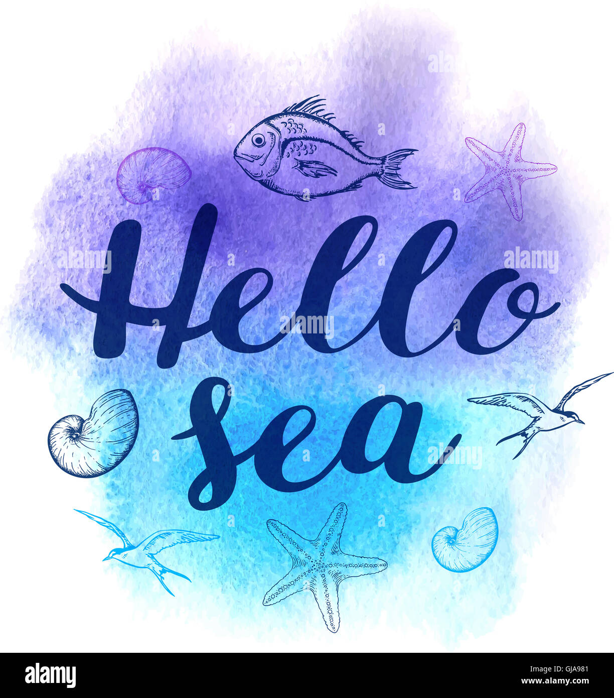 Abstract watercolor marine background with lettering "Hello sea Stock Photo - Alamy
