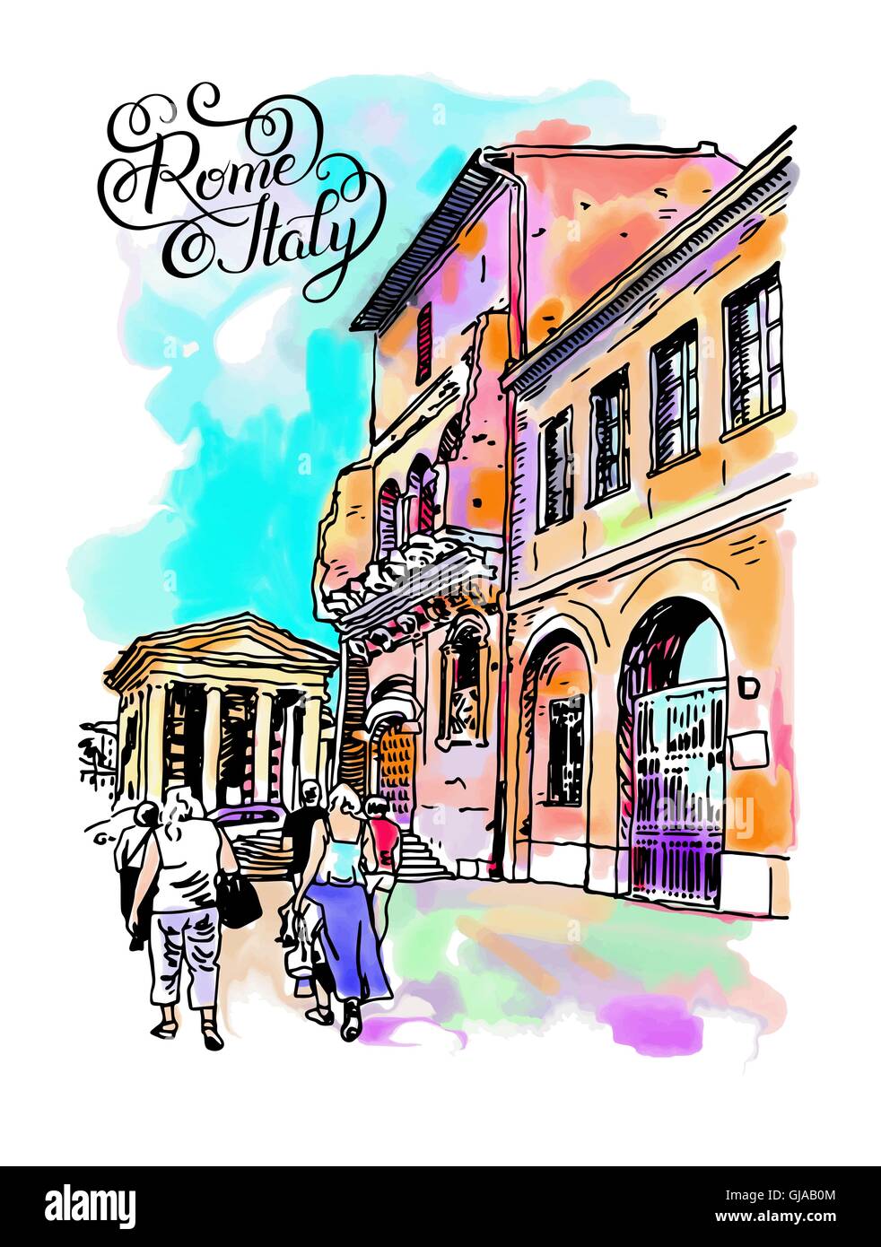 original digital watercolor drawing of Rome street, Italy Stock Vector ...