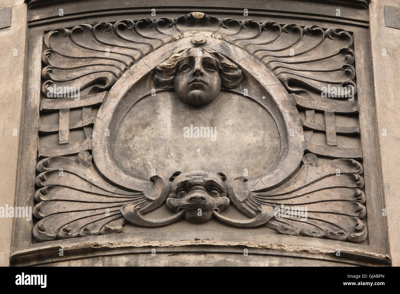 Art Nouveau mascaron on the revenue house in Cechova Street in Bubenec ...