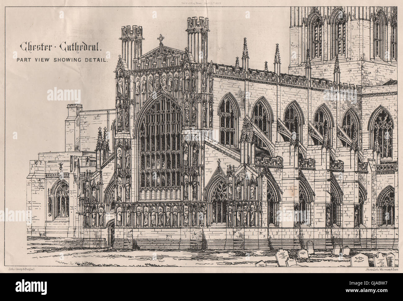 Chester Cathedral; part view showing detail. Cheshire, antique print ...