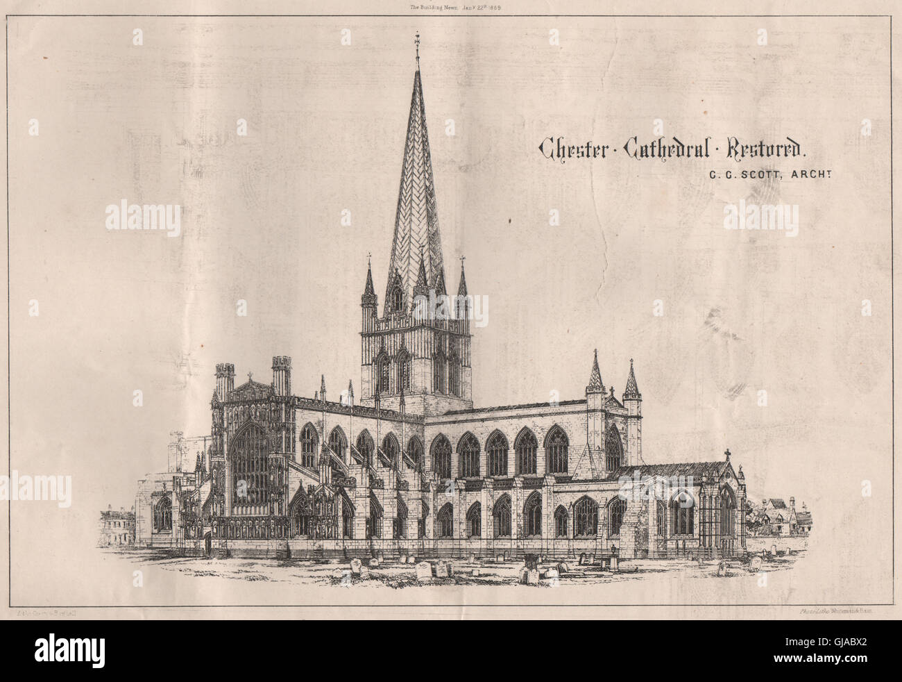 Chester Cathedral restored; G.G. Scott, Architect. Cheshire, old print ...