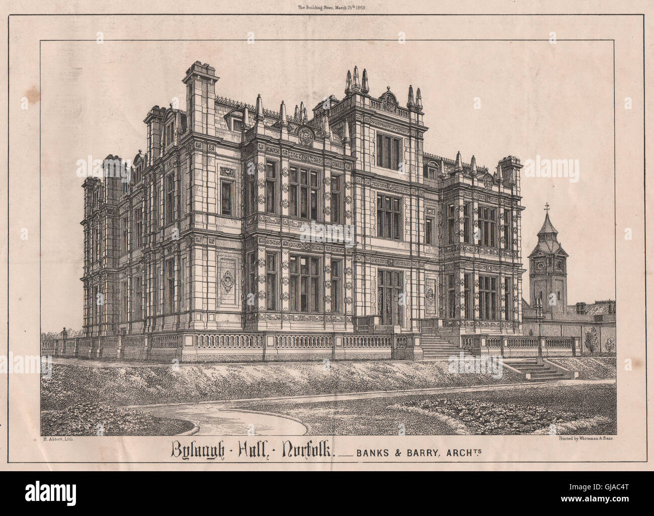 Bylaugh Hall, Norfolk; Banks & Barry, Architects, antique print 1869 ...