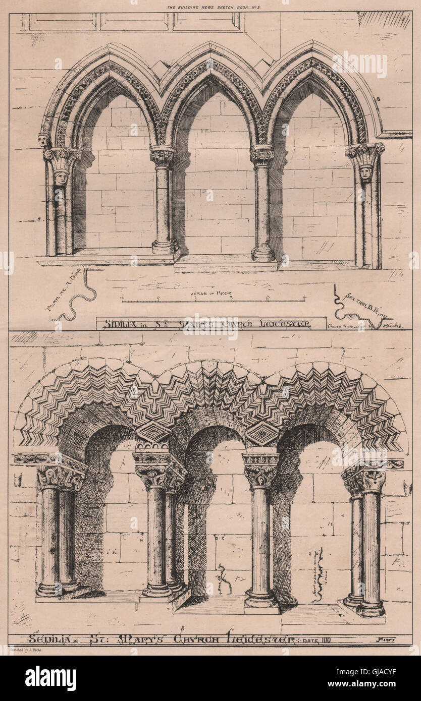 Sedilia in St. Mary's Church, Leicester. Leicestershire, antique print ...