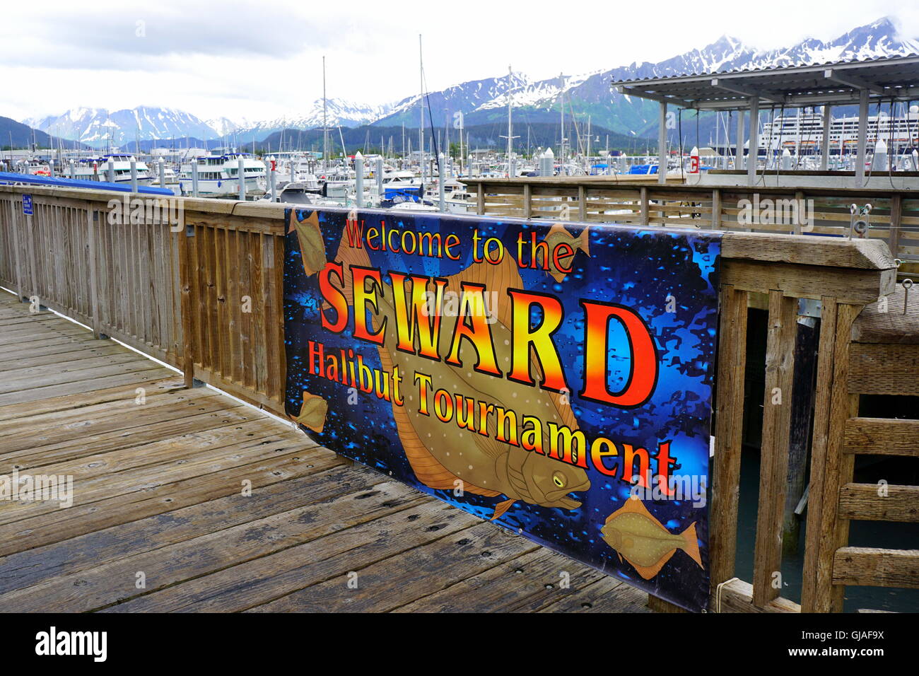 A banner advertising the Seward Halibut Tournament at the Small Boat ...