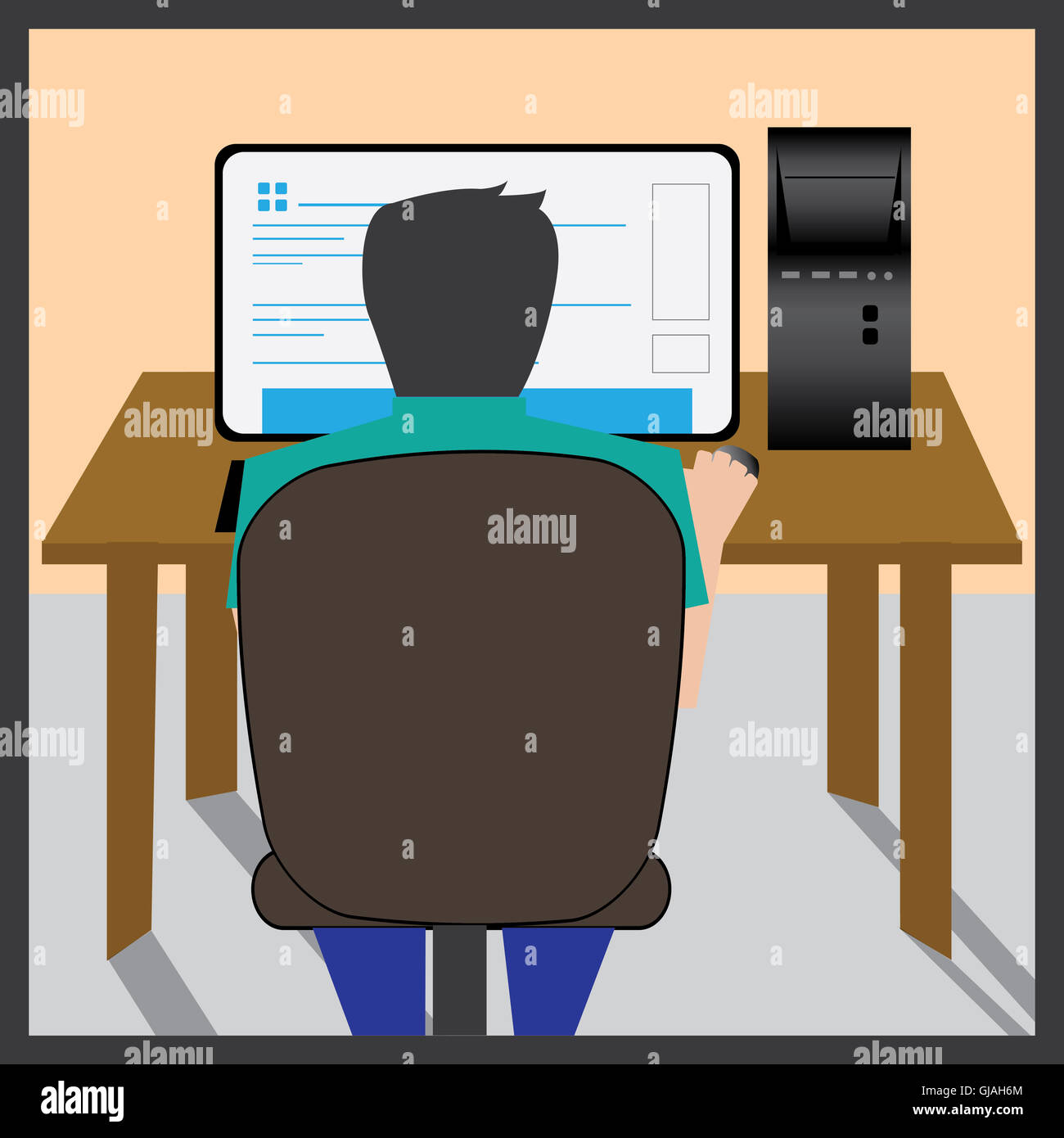 A back view of a boy engrossed in studying or working at the study ...