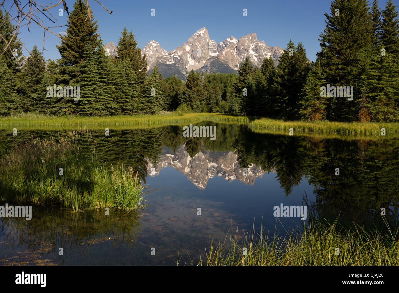 The water is perfectly smooth showing high peak reflections in the ...