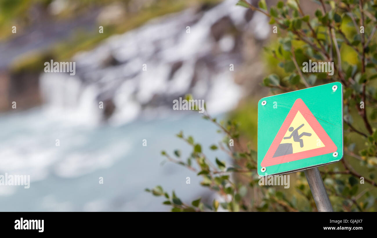 Green square sign - Warning for risk of falling - Iceland Stock Photo ...