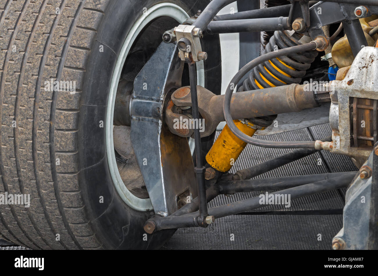 Survey the rear wheel of a racing car after the test drive Stock Photo ...