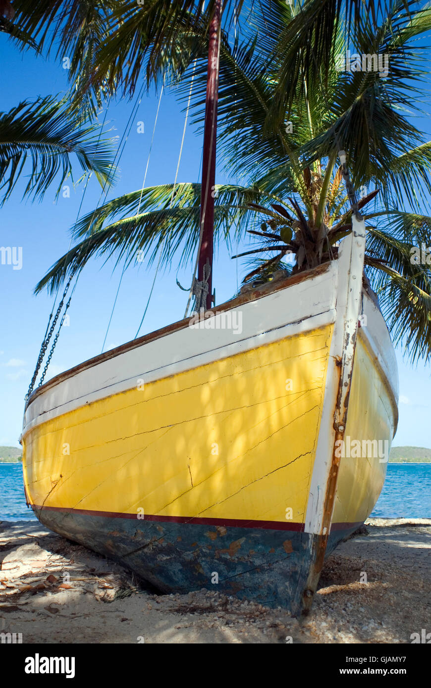 A yellow-hulled sloop sits on a tropical beach Stock Photo - Alamy