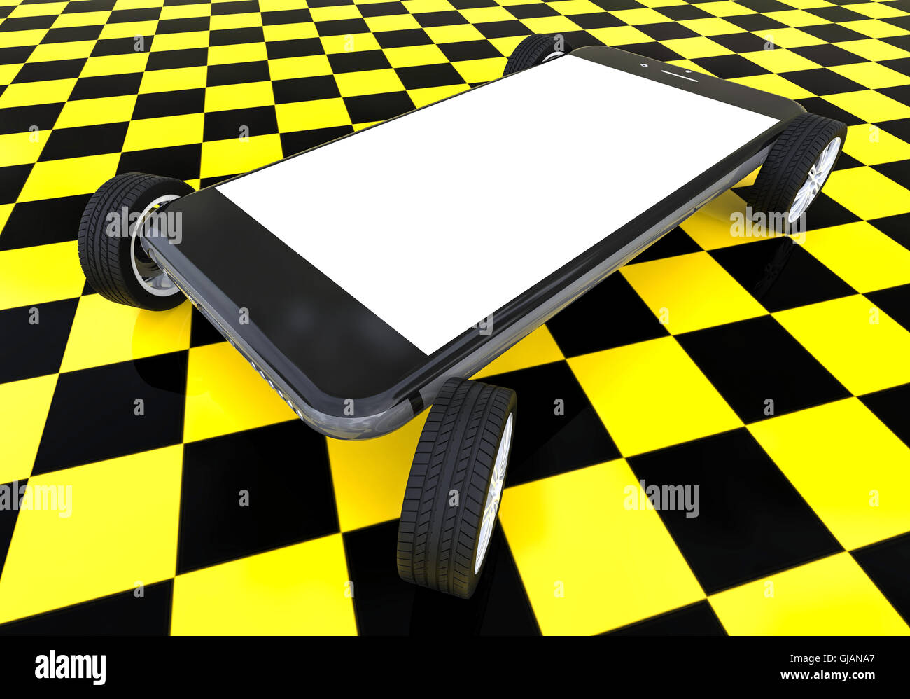 3D render image of a smartphone with wheels representing taxi app on ...