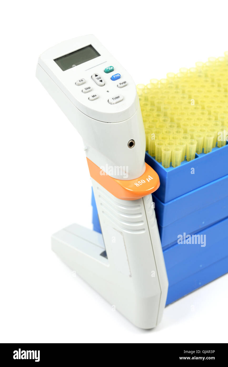 Electronic pipettor and tray of pipet tips Stock Photo - Alamy