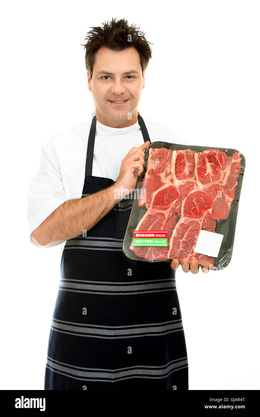 Butcher with tray of steak Stock Photo - Alamy