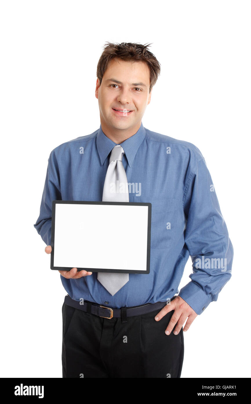 Businessman or salesman holding sign Stock Photo - Alamy