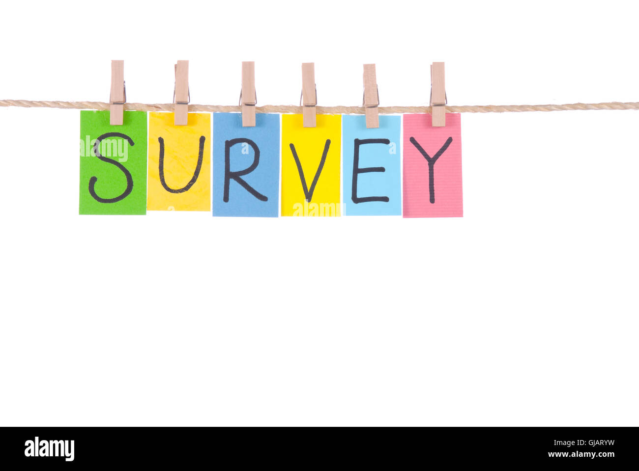 Survey, Colorful words hang on rope Stock Photo - Alamy