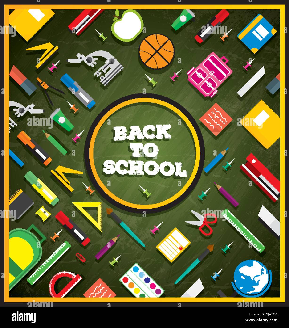 Back to school. School supplies on green chalk board background. Vector ...