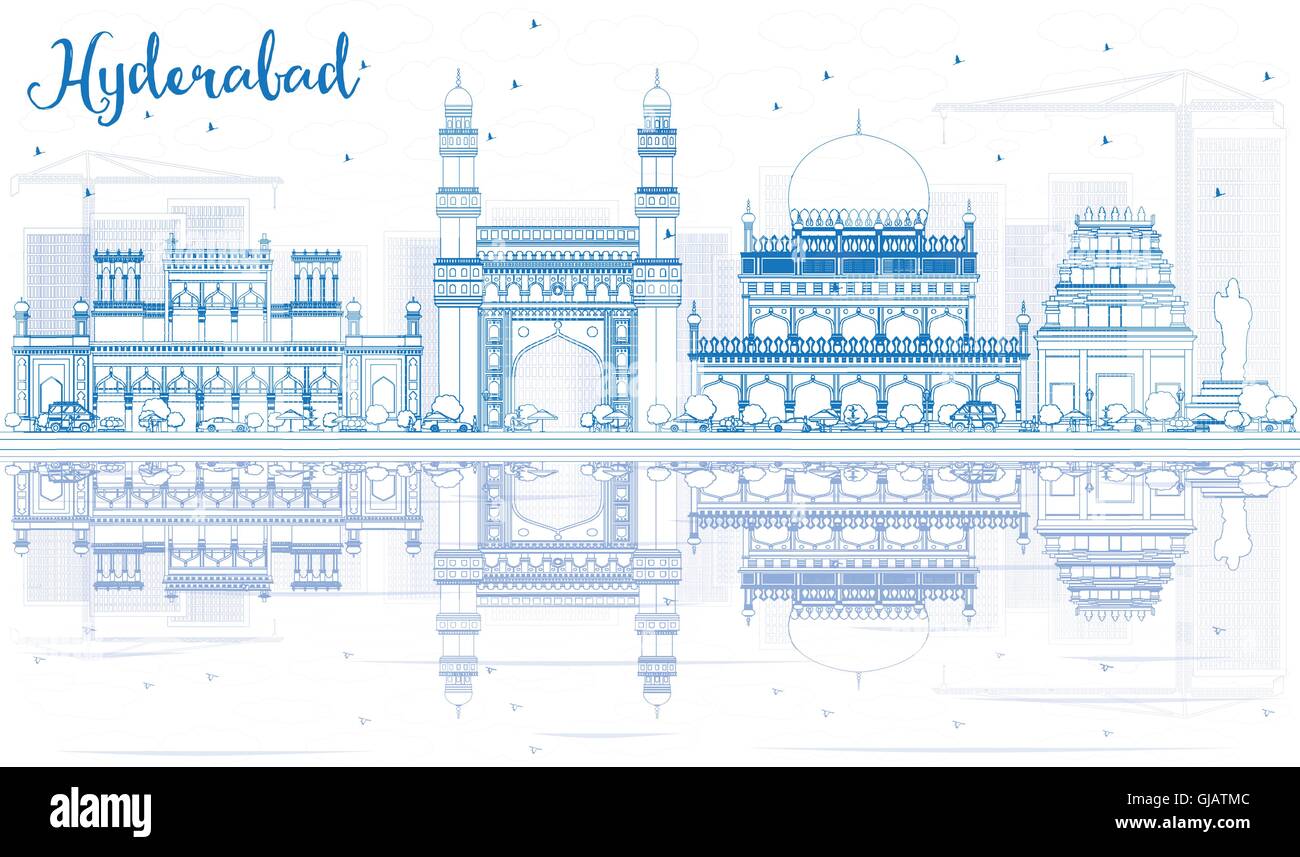 Outline Hyderabad Skyline with Blue Landmarks and Reflections. Vector ...