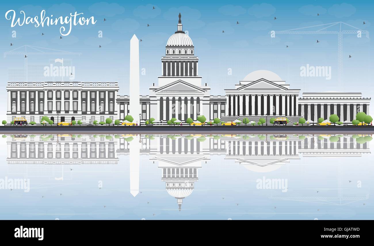 Washington DC Skyline with Gray Buildings, Blue Sky and Reflections ...