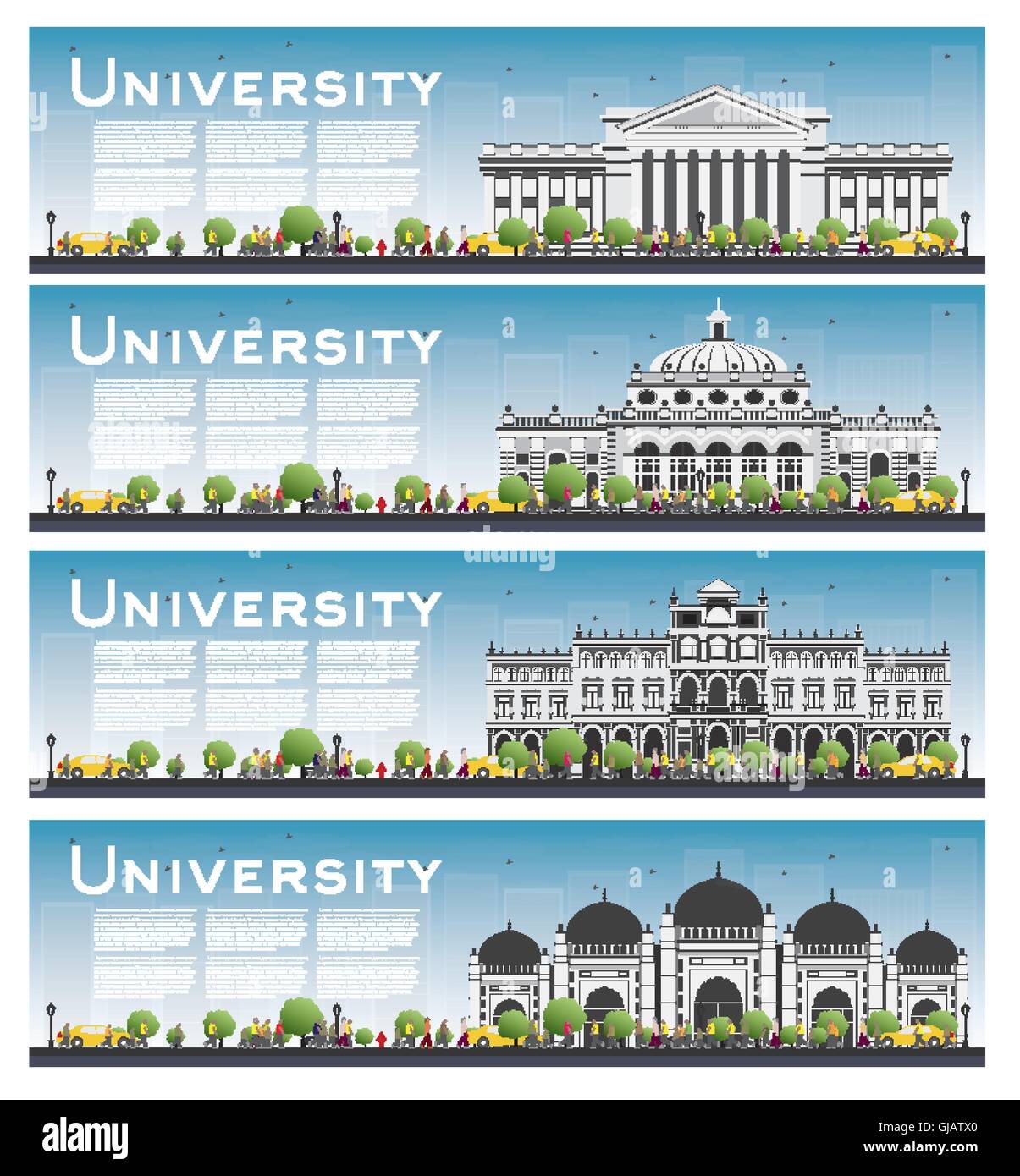Set of university study banners. Vector illustration. Students go to ...