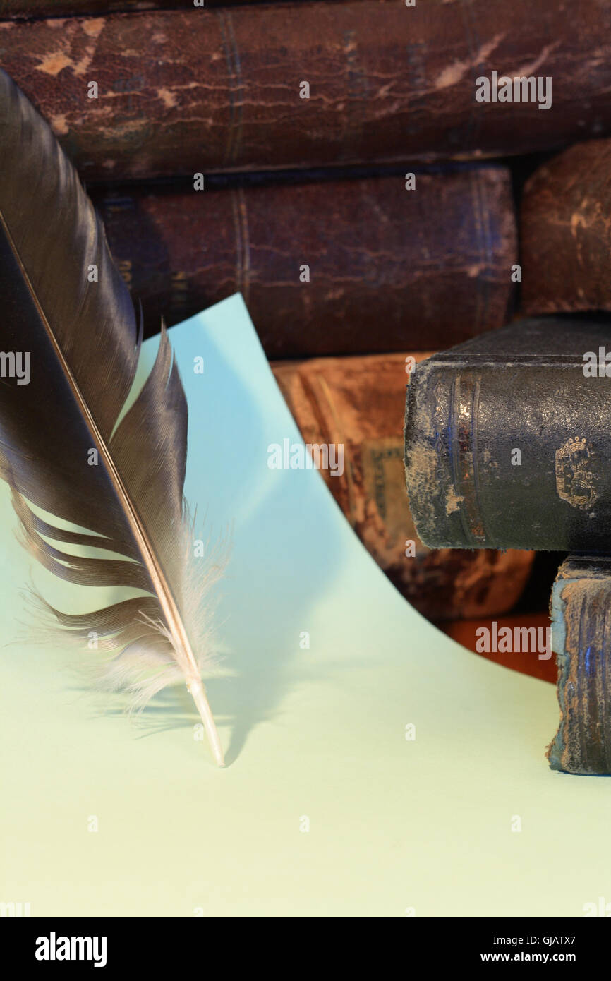 Books And Feather Stock Photo - Alamy