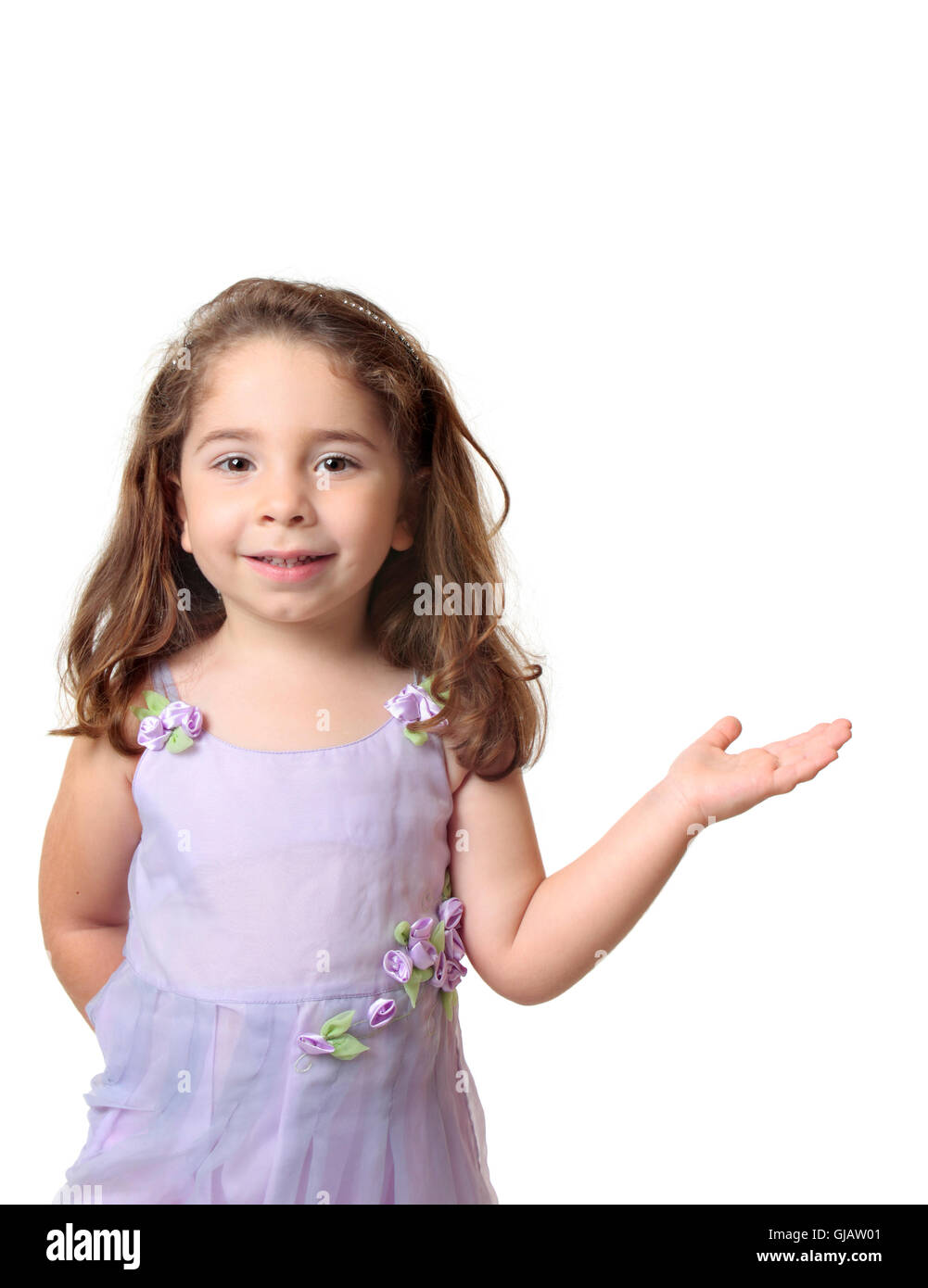 Beautiful smiling girl with one hand outstretched Stock Photo - Alamy