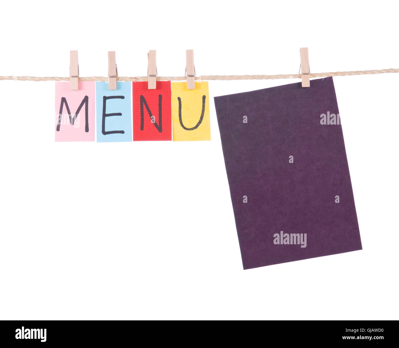 Menu, Colorful words hang on rope Stock Photo - Alamy