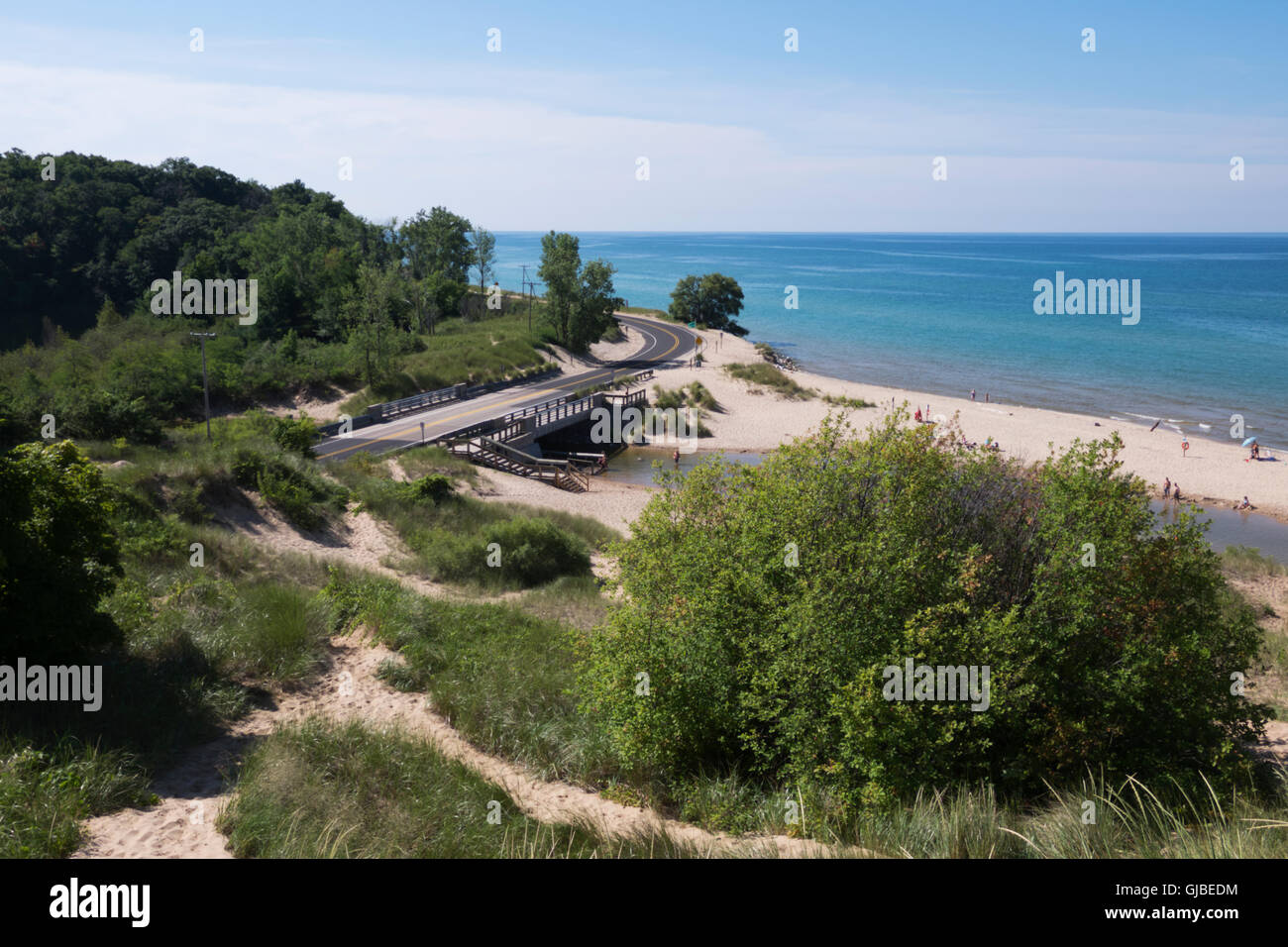 Lake Michigan shoreline, scenic drive and beach at Duck Lake State Park ...