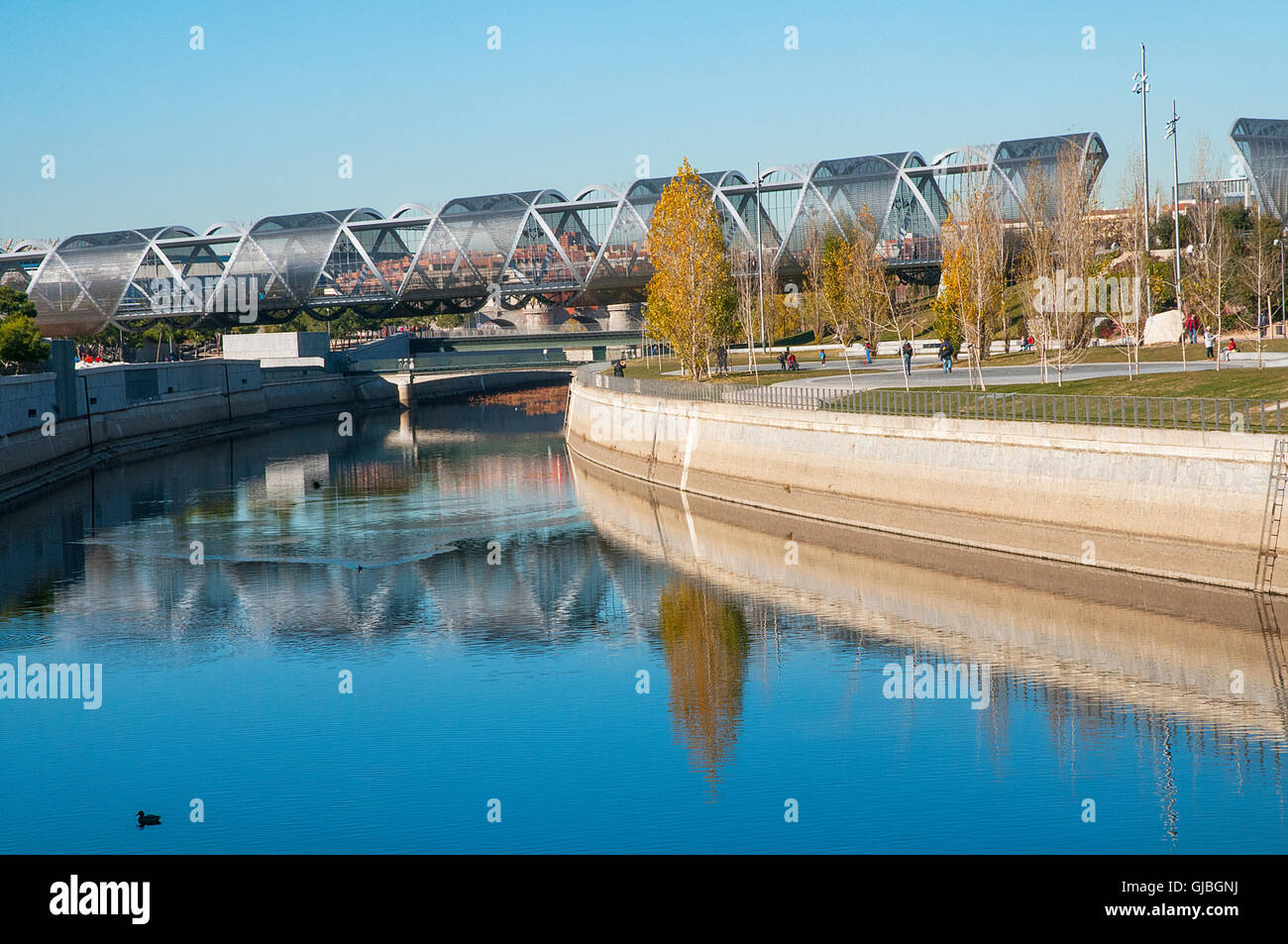 Bridge by Perrault and river Manzanares. Madrid Rio park, Madrid, Spain ...