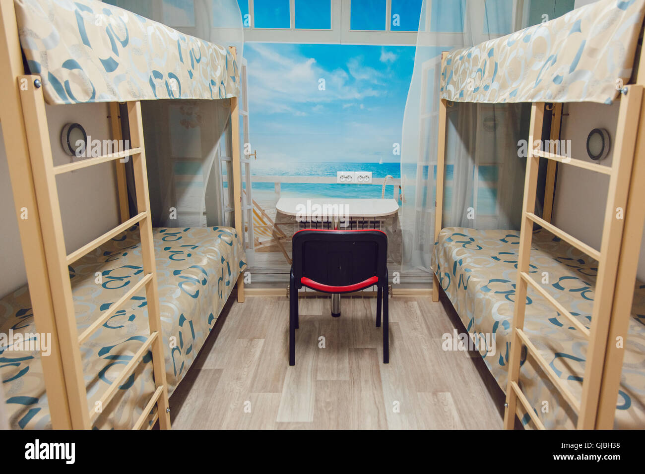 Hostel interior - bedroom. double bed. interior Stock Photo - Alamy