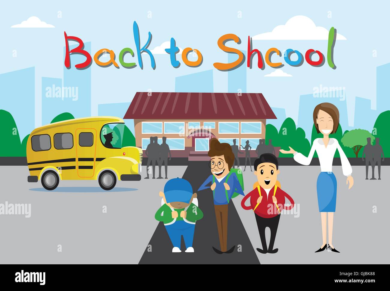 Schoolchildren Teacher Over Schoolbus School Building Background ...