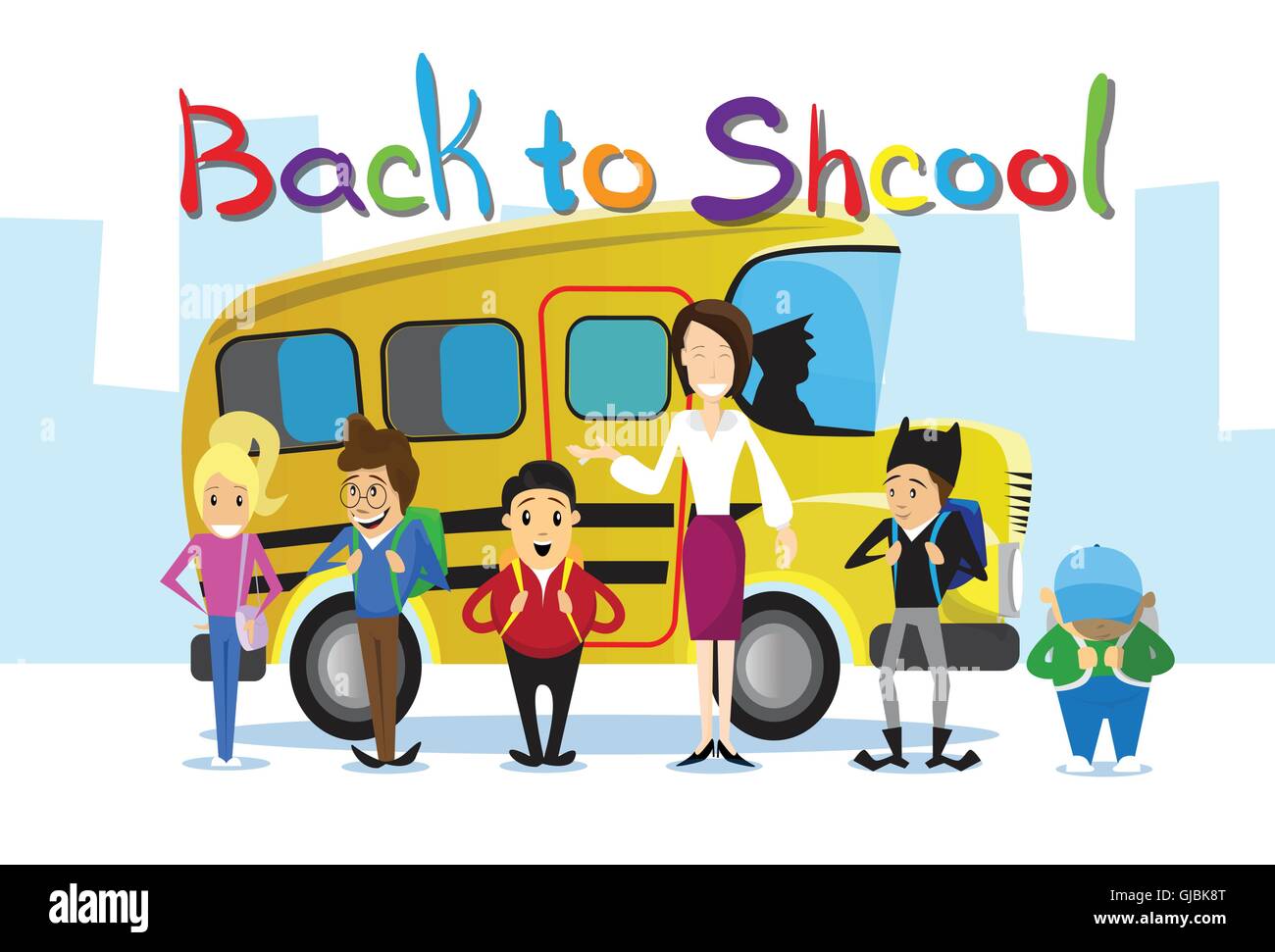 Teacher With Pupils Over Yellow Schoolbus Back To School Education ...
