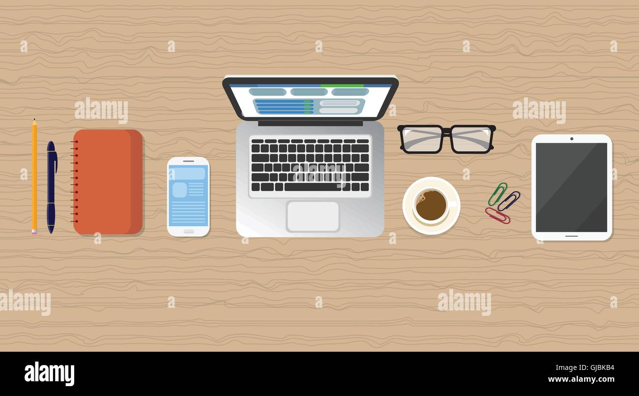 Workplace Wooden Desk Top Angle View Laptop, Phone Tablet Stock Vector ...