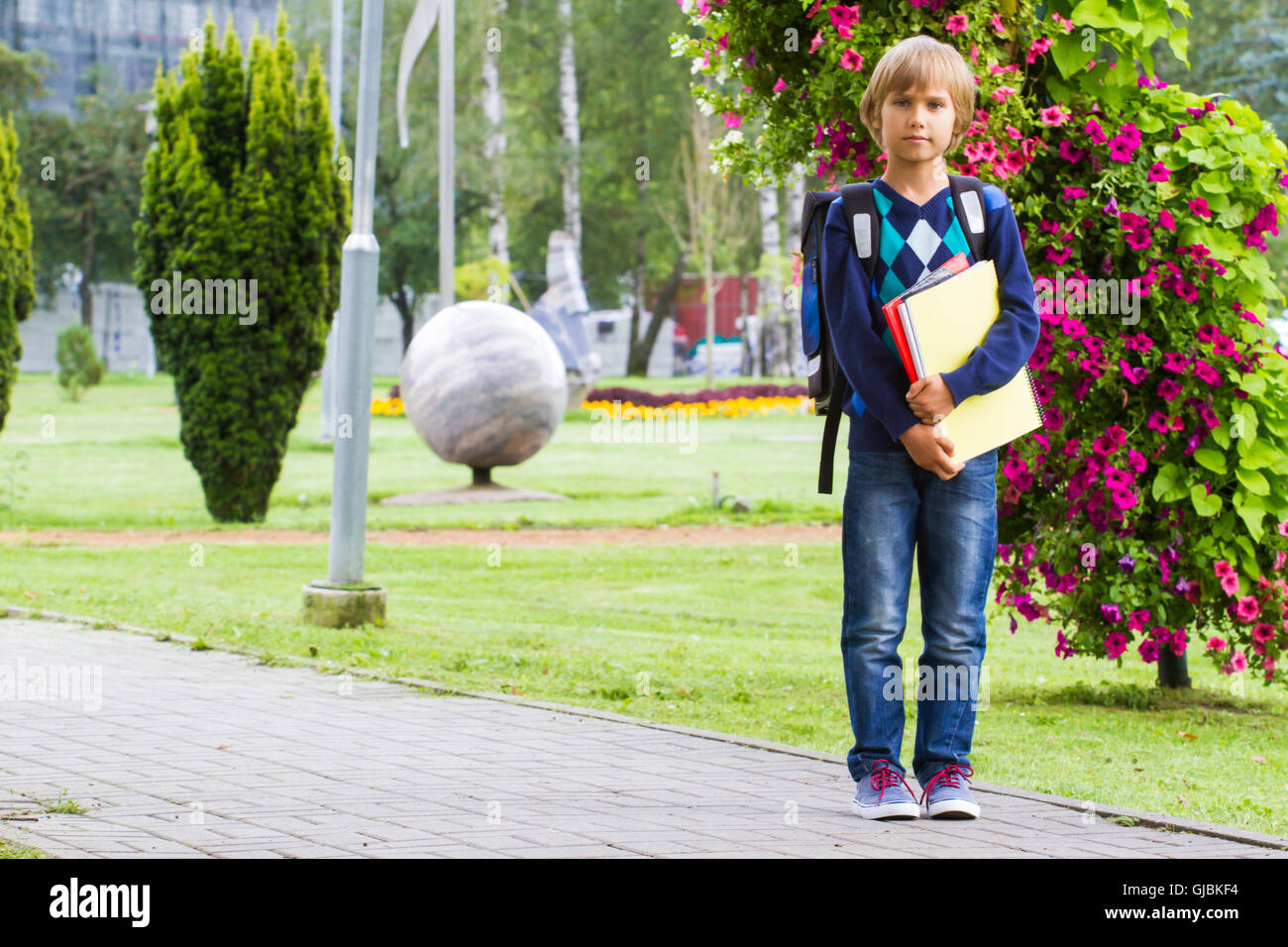 Little boy with a backpack go to school. Back view Stock Photo - Alamy