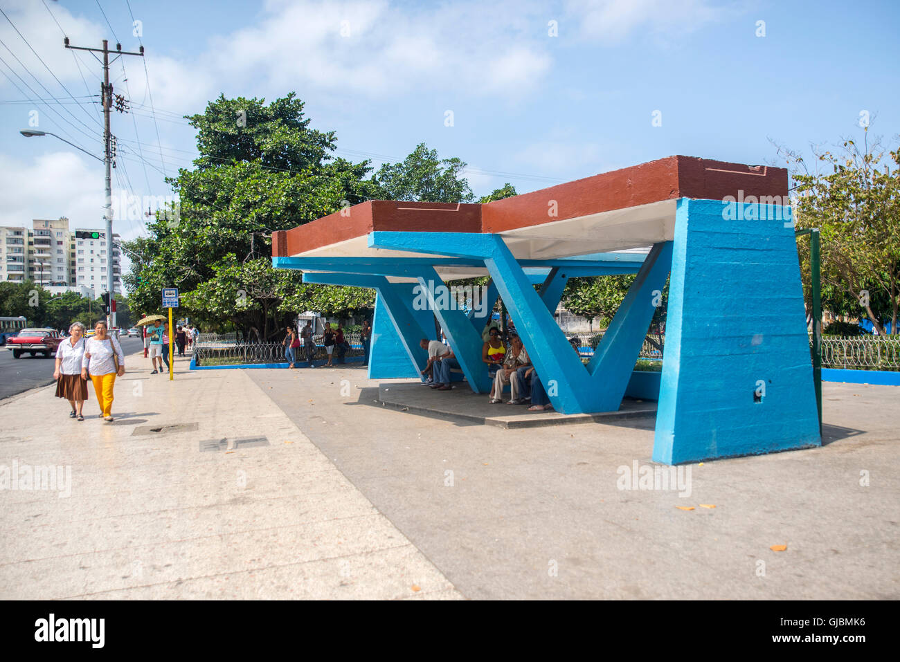 Blue bus stop in Havana, Cuba Stock Photo - Alamy