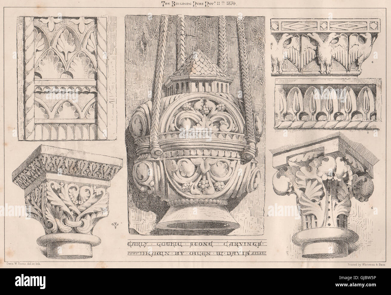 Early Gothic stone carvings. Decorative, antique print 1870 Stock Photo ...