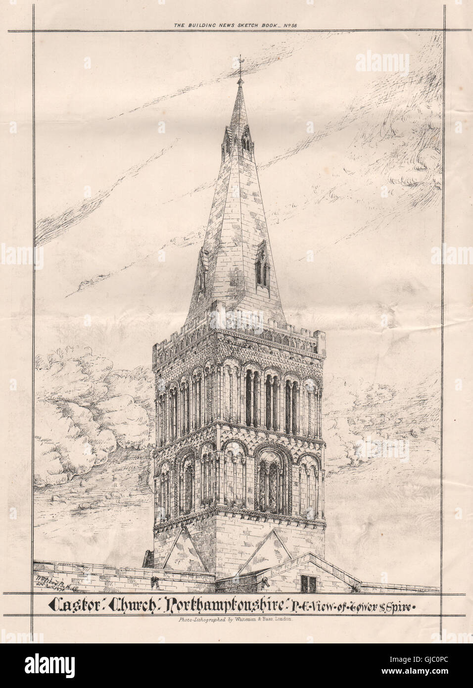 Castor Church, Northamptonshire. N.E. view of Tower & Spire, old print ...