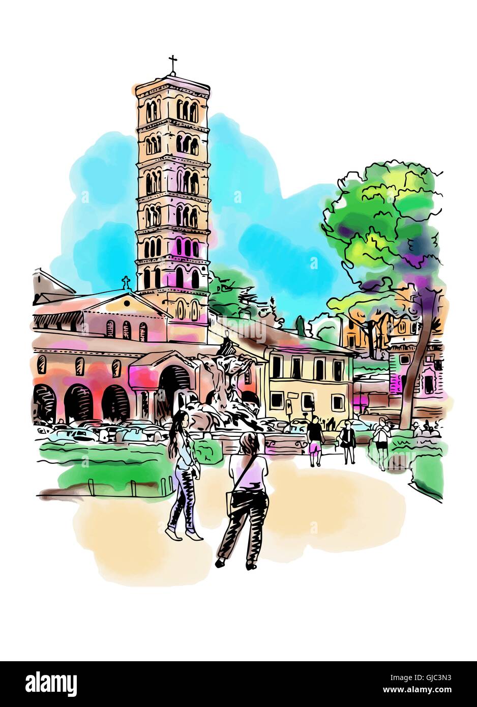 original digital watercolor drawing of Rome street, Italy, old i Stock ...