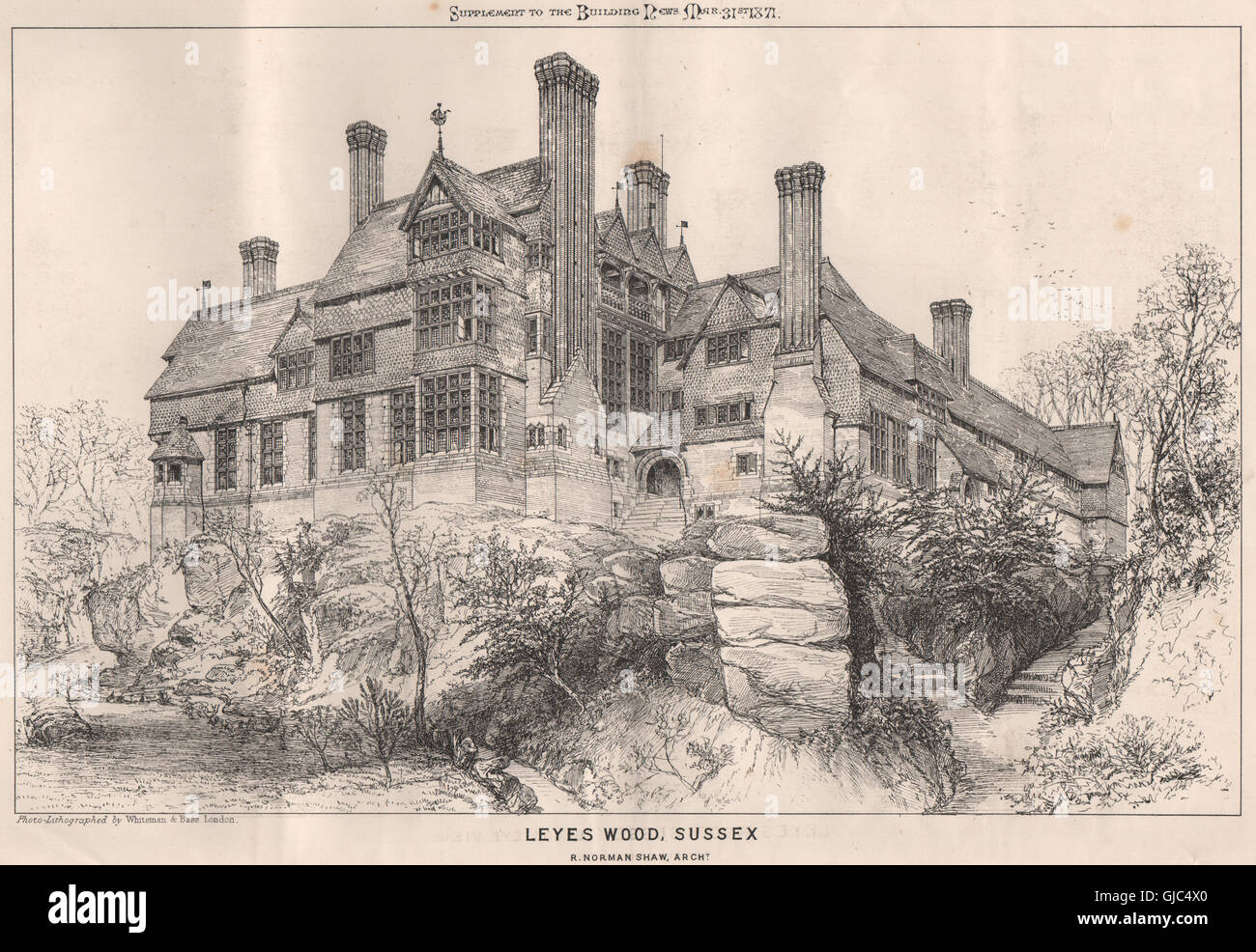 Leyes Wood, Sussex. R. Norman Shaw, Architect, antique print 1871 Stock ...