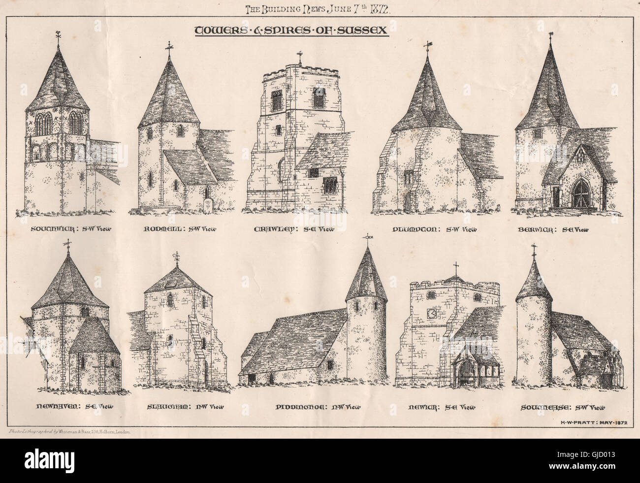 Towers & Spires of Sussex, antique print 1872 Stock Photo - Alamy