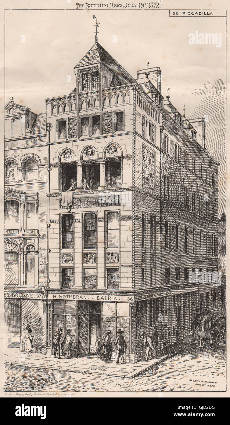 36 Piccadilly; George & Vaughan, Architects. London, antique print 1872 ...