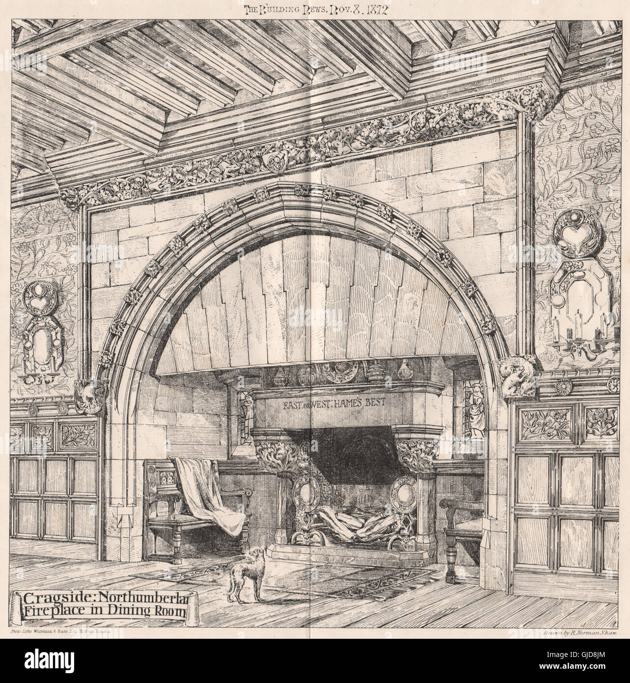 Cragside, Northumberland. Fireplace in dining room, antique print 1872 ...